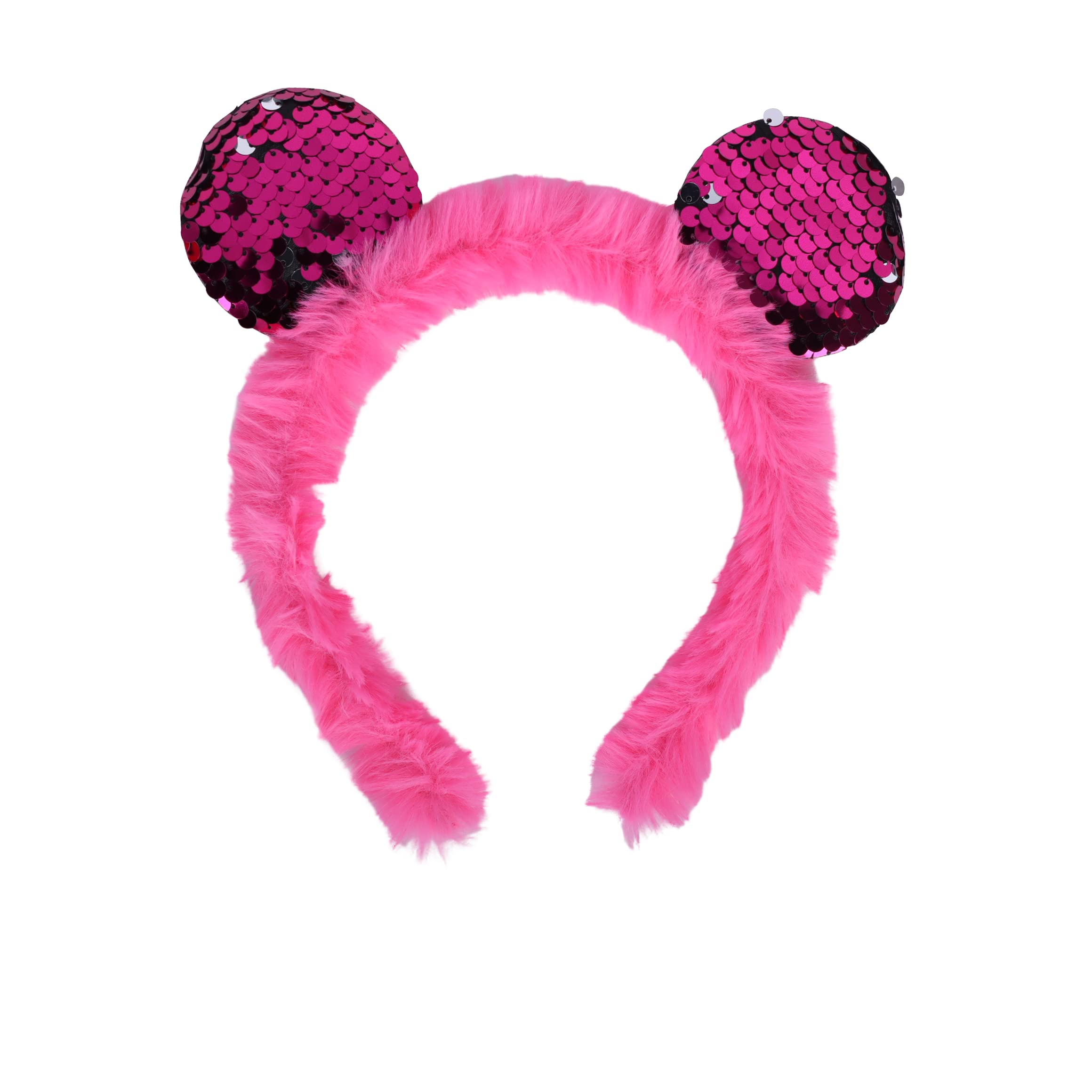 Motique Accessories Fur Mouse Ears Headband with Reversable Sequins for Women and Girls- Hot Pink