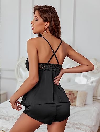 Avidlove Women's Silk Pjs Set Satin Pajamas Sets Cami Shorts Sets Women Lace Sleepwear Black