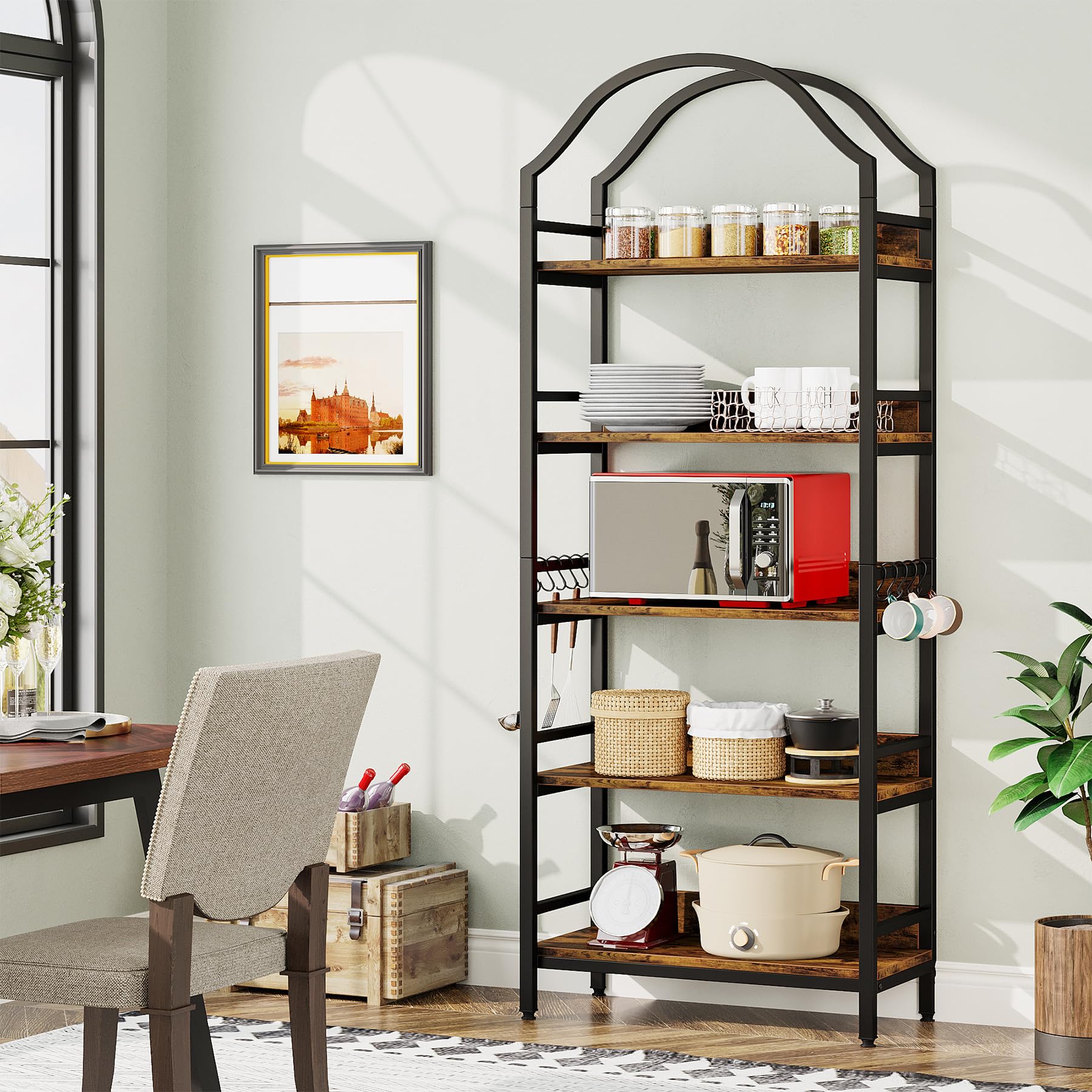 Tribesigns 5-Tier Bookshelf, 73" Tall Arched Bookcase, Industrial Wood Storage Rack Open Shelves with 4 Hooks, Modern Standing Bookshelves Metal Frame Display Rack for Home Office, Brown, 1 Pc