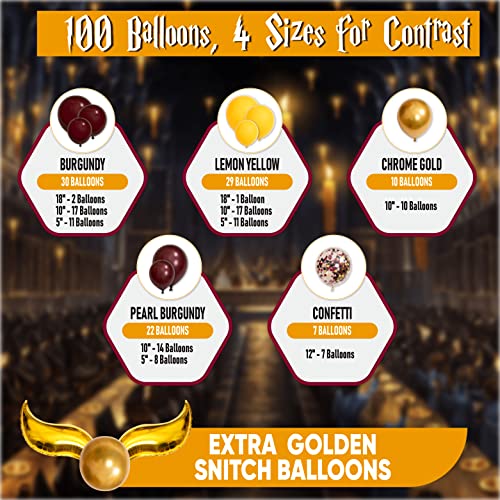 100pc, 4 Sizes – Harry Potter Balloon Garland Arch Kit with BONUS Snitch for Harry Potter Birthday Decorations – Harry Potter Party Supplies for Hogwarts Balloons, Magic Wizard Theme, Baby Shower