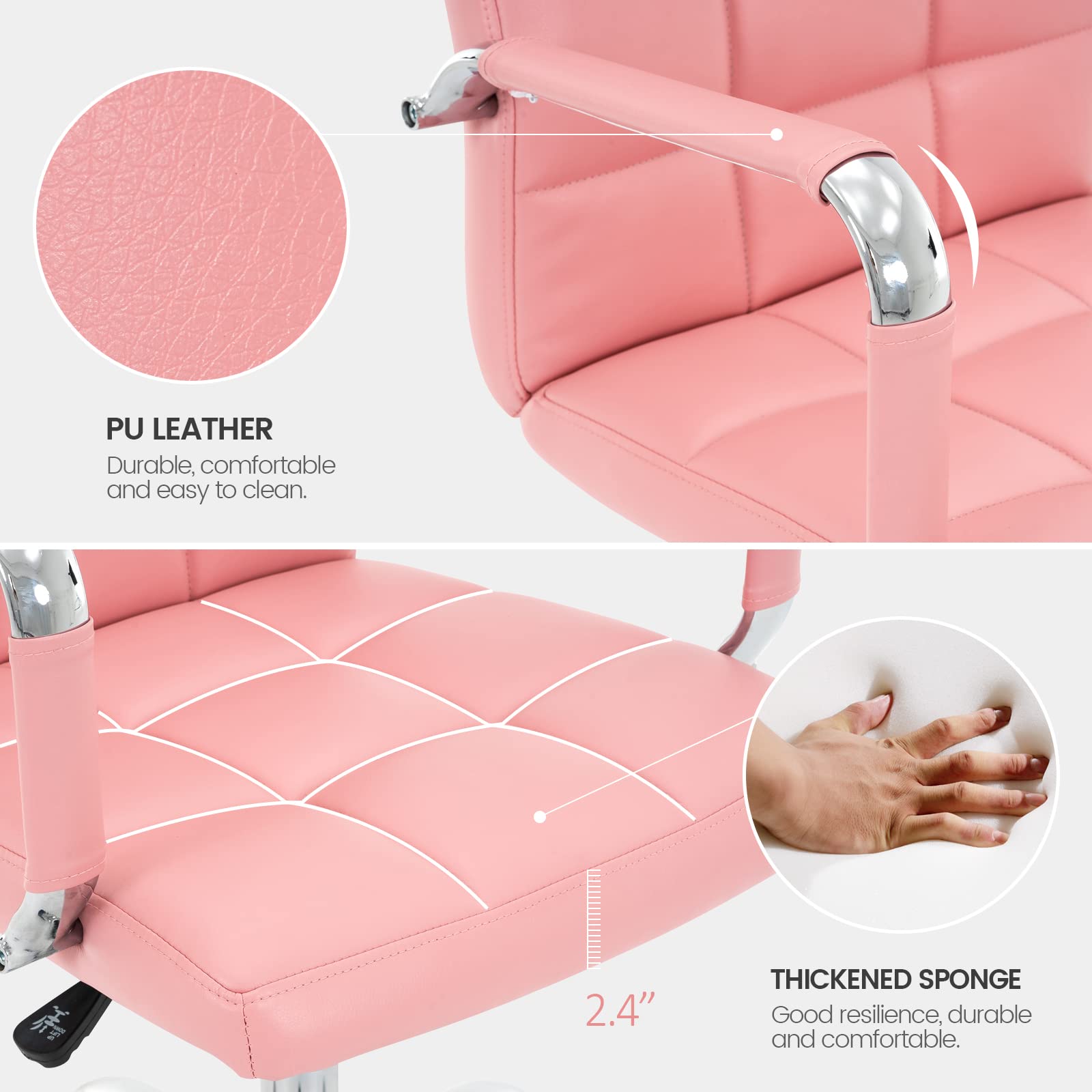 MFD LIVING High Back Desk Chair, Modern PU Leather Home Office Task Chair with Arms, Adjustable Swivel Computer Executive Chair with Wheels (Pink)