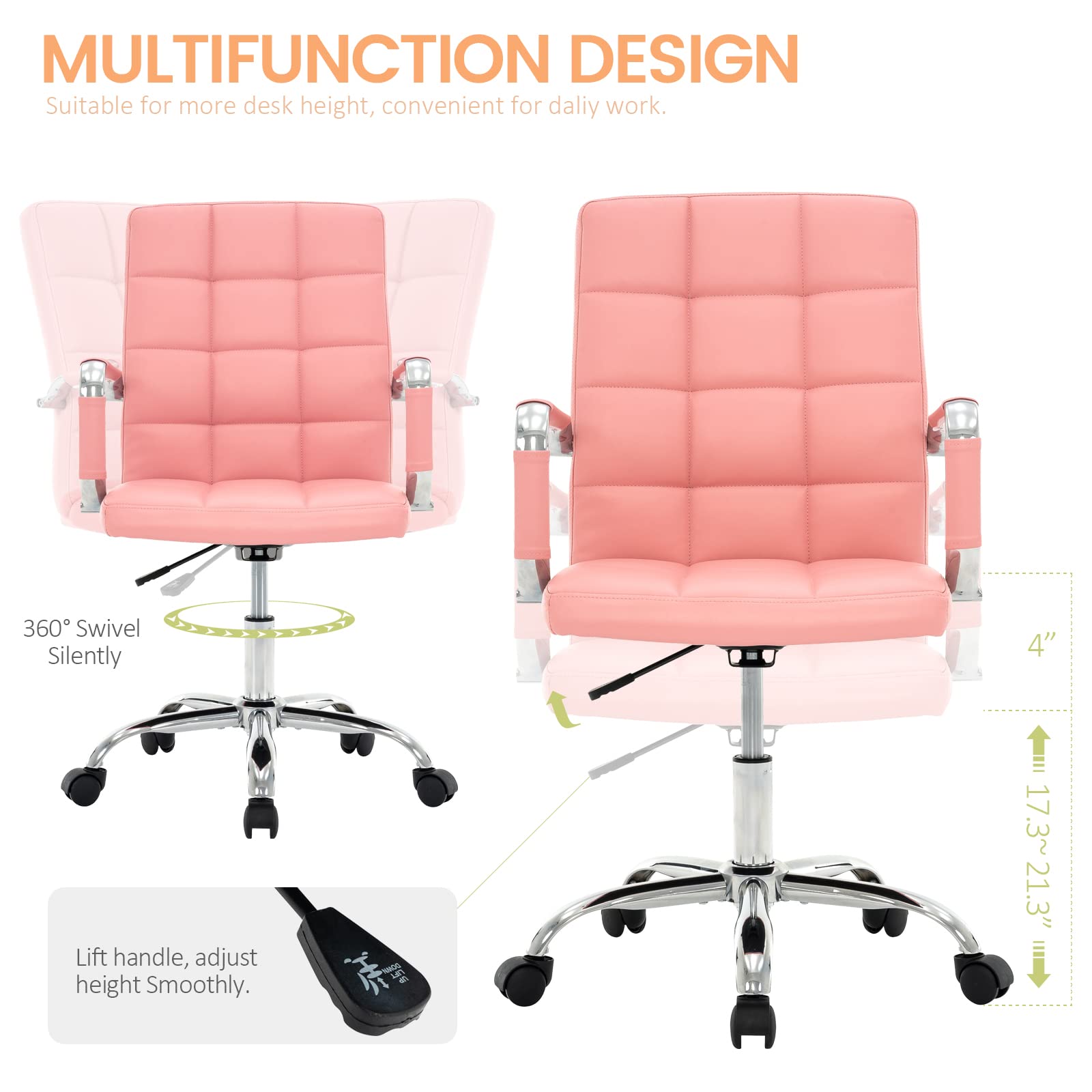 MFD LIVING High Back Desk Chair, Modern PU Leather Home Office Task Chair with Arms, Adjustable Swivel Computer Executive Chair with Wheels (Pink)