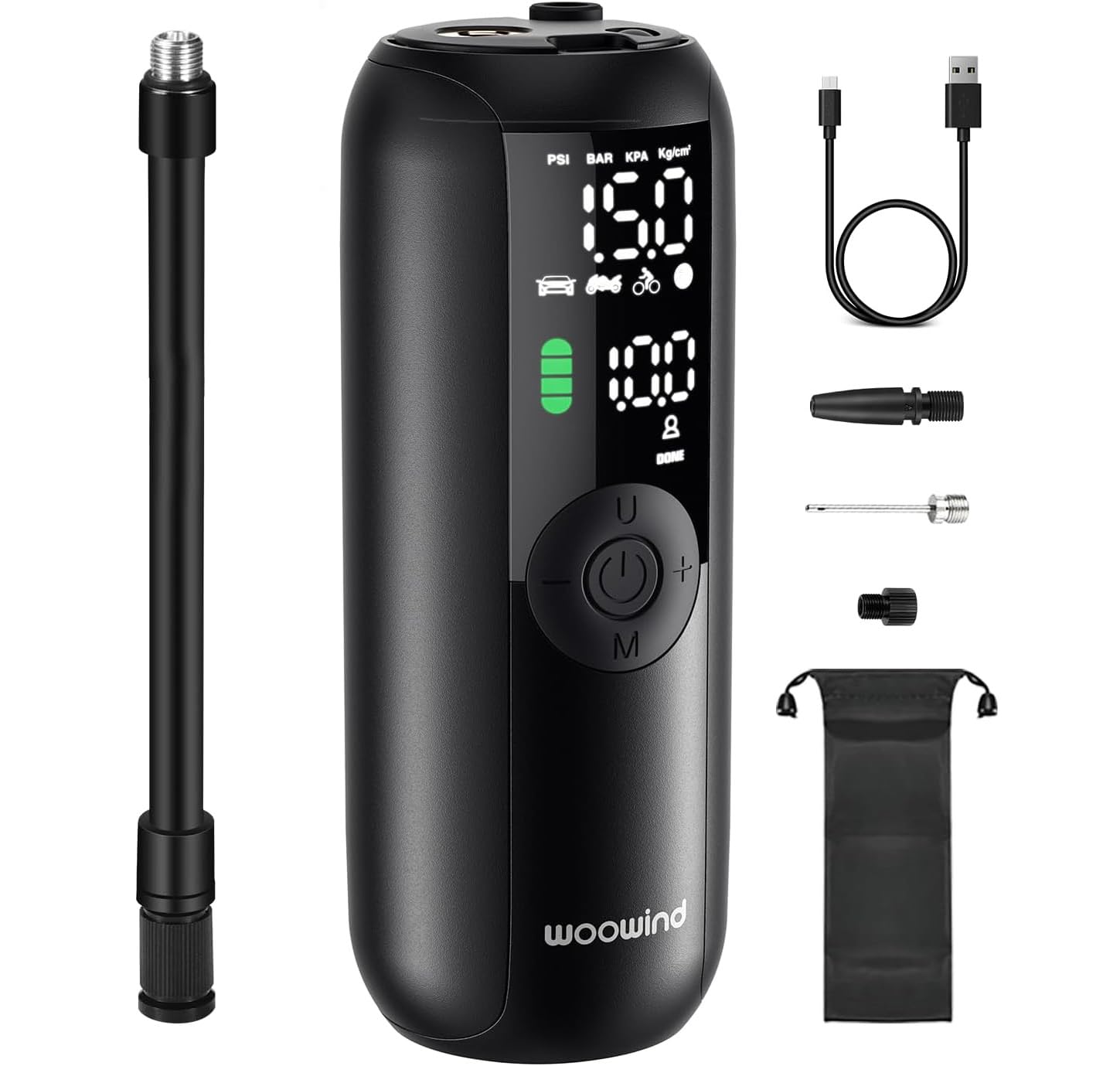 Tire Inflator Portable Air Compressor, Electric Bike Tire Pump with Gauge, Air Pump for Car Tires, 150PSI, Mobile Air Compressor for Car, Motorcycle, Electric Bike, by Woowind