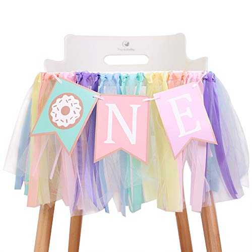 Donut 1 to 2 Years Old Birthday Banner - Donut Theme Birthday High Chair Banner, a Soft Rainbow Ribbon Tutu Group, Sweet Days, Leaving a Wonderful Party Time, Perfect Party Decoration. (Donut 1)
