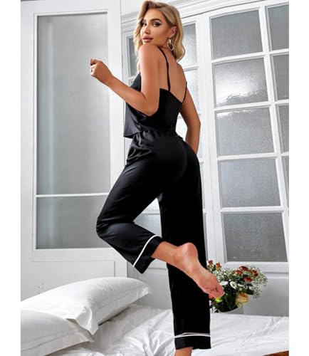SWOMOG Womens Silk Satin Pajamas Set Two-Piece Pj Sets Cami Top and Capris Pants Sleepwear A-black