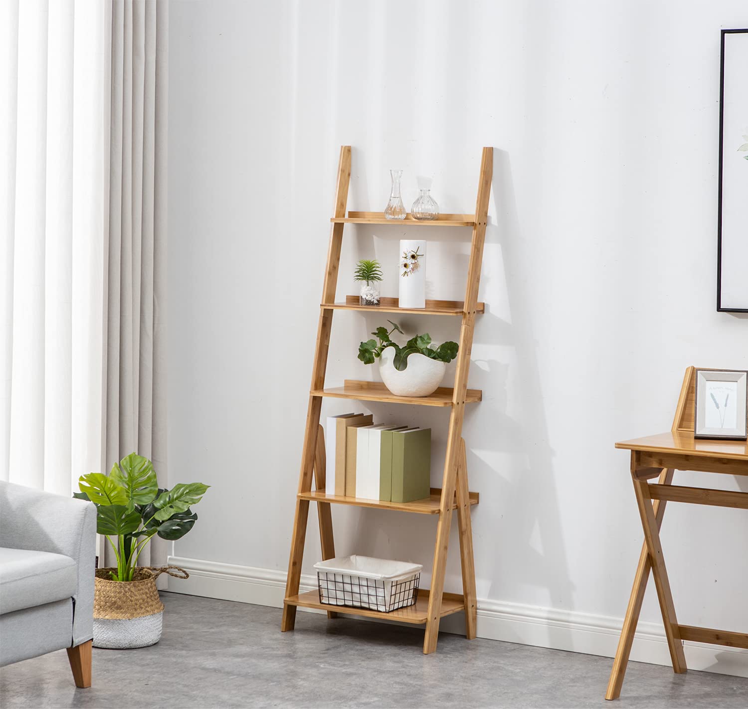 SOBIBO Ladder Shelf, 5-Tier Leaning Shelf, Free Standing Organizer Storage Shelves, Storage Rack Shelf for Office, Living Room, Nature