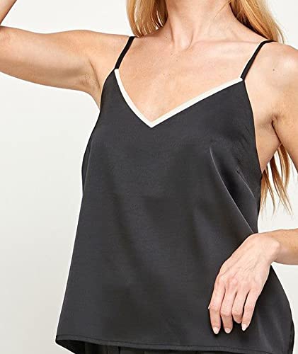 SWOMOG Womens Silk Satin Pajamas Set Two-Piece Pj Sets Cami Top and Capris Pants Sleepwear A-black