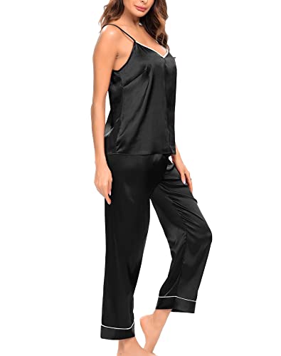 SWOMOG Womens Silk Satin Pajamas Set Two-Piece Pj Sets Cami Top and Capris Pants Sleepwear A-black