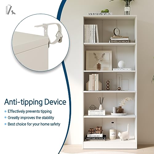 VICLLAX 5-Shelf Wooden Bookcase, 67.3" Height- Adjustable Open Bookshelf for Home Office, White Standing Display Book Shelf