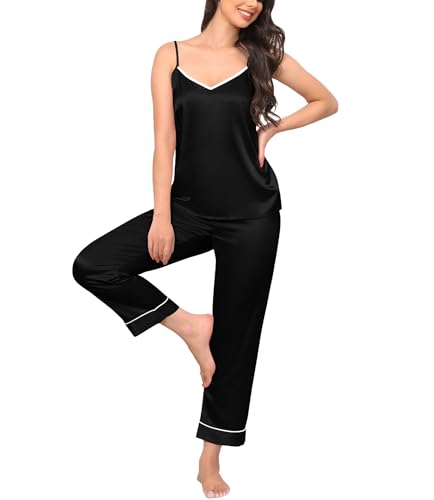 SWOMOG Womens Silk Satin Pajamas Set Two-Piece Pj Sets Cami Top and Capris Pants Sleepwear A-black