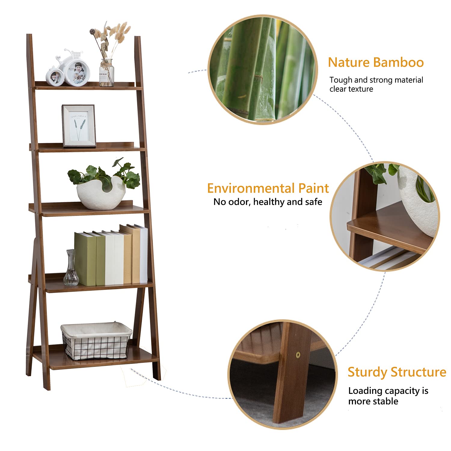 SOBIBO Ladder Shelf, 5-Tier Leaning Shelf, Free Standing Organizer Storage Shelves, Storage Rack Shelf for Office, Living Room, Nature