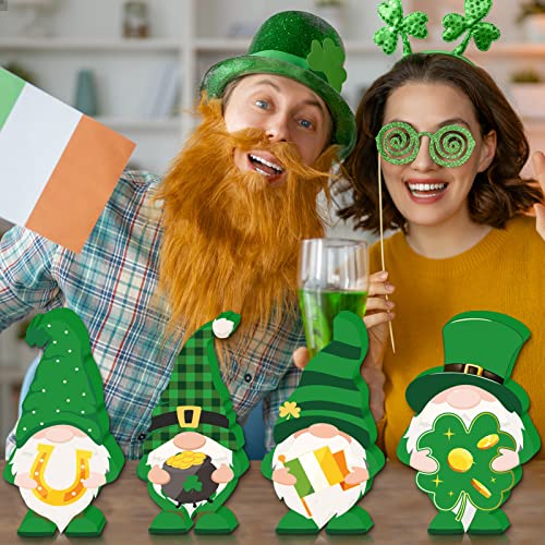 4 Pieces St. Patrick's Day Table Sign Lucky Gnome Wooden Tabletop Decoration Happy St Patricks Day Wood Decor Irish Tiered Tray Décor for St. Patrick's Day Party Table Ornaments