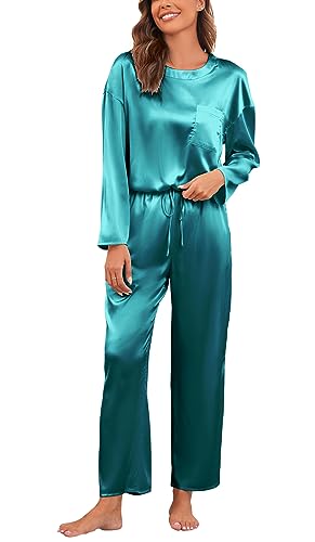 Bloggerlove Silk Pajamas for Women Long Sleeve Satin Loungewear Two-Piece Sleepwear Pullover Pj Set Outfit Green