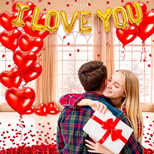 kortes I Love You Balloons and Heart Balloons Kit with Rose Petals, Valentines Day Decorations for Party