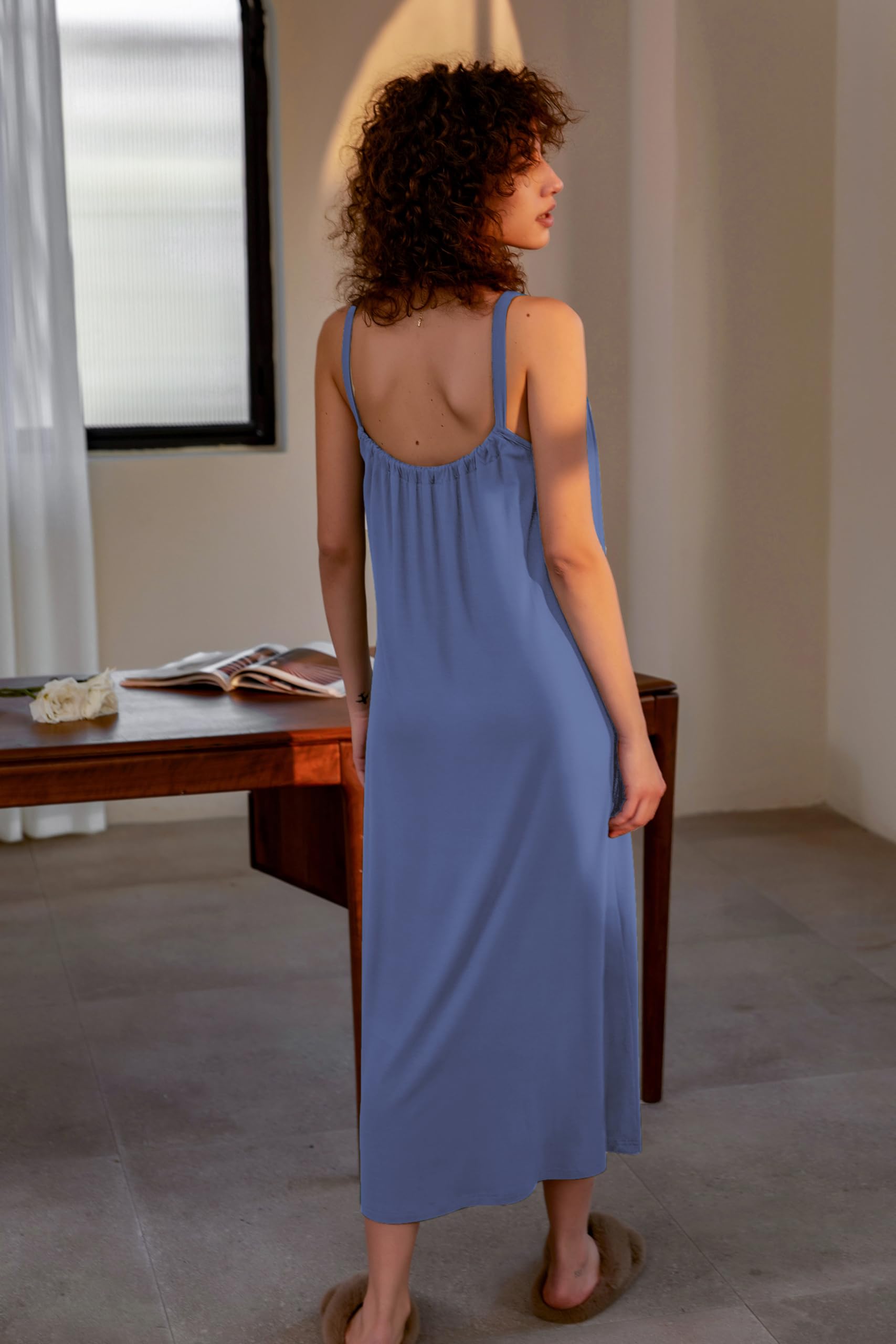 Ekouaer Women's Sleeveless Long Nightgown Full Slip Nightdress Soft Sleepdress V Neck Nightshirt Blue Large