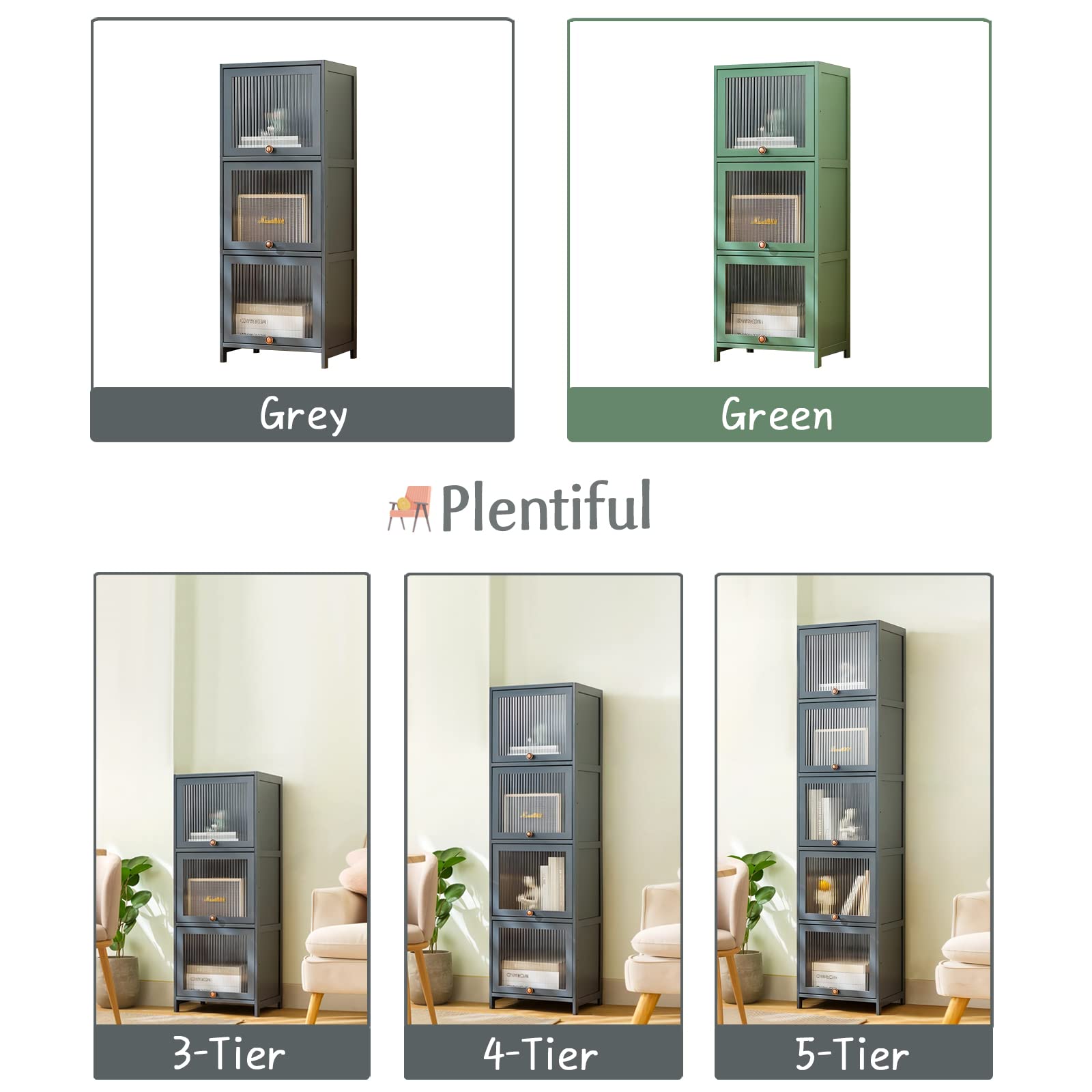 IOTXY Small Narrow Shelf Bookcase - 5-Tier Bamboo Corner Bookshelf with Moru Acrylic Doors, Freestanding Tall Skinny Storage Organizer Rack, for Living Room, Kitchen, Bedroom, Gray, 15.7" W