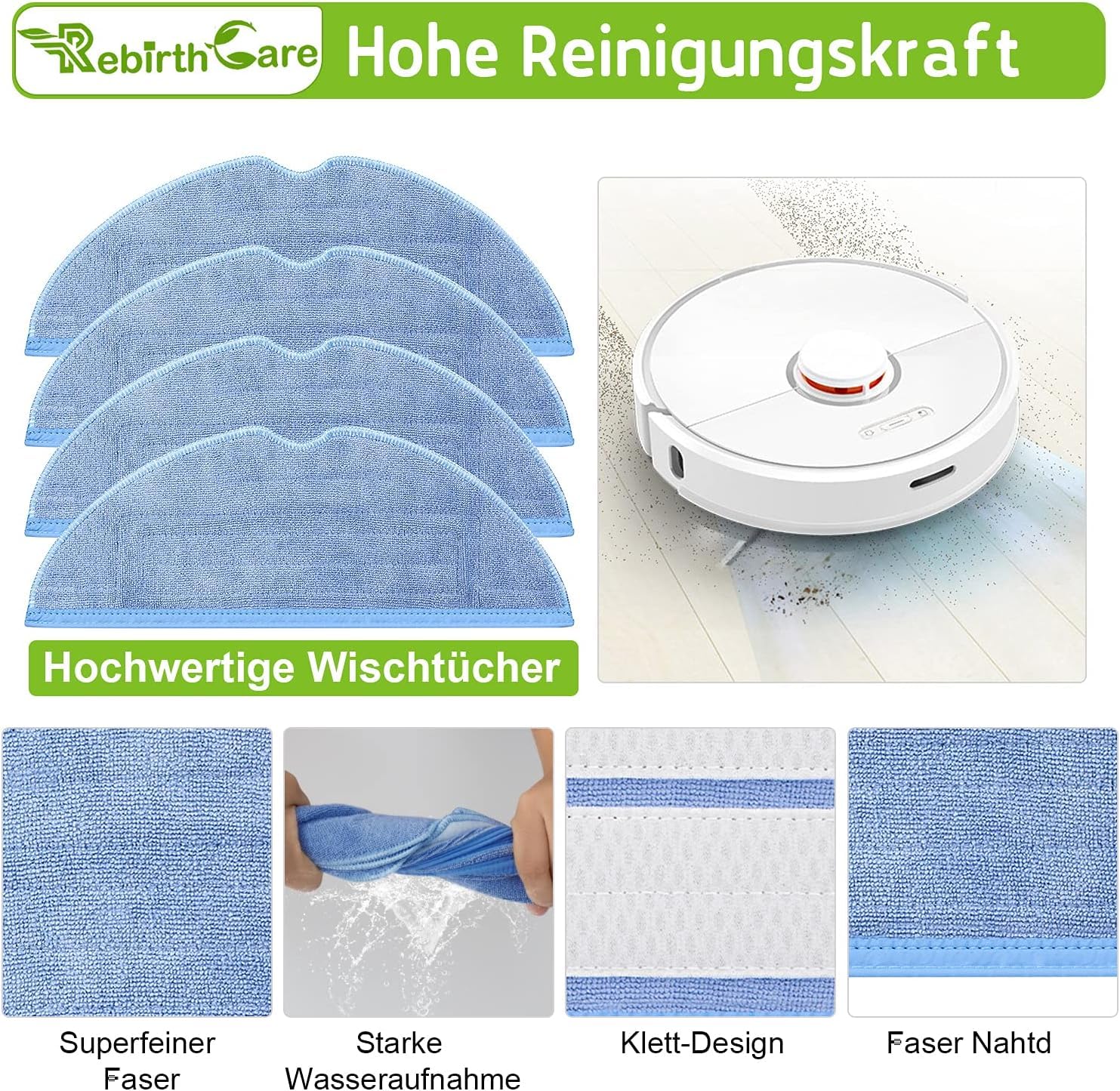 Rebirthcare Wipes Replacement Mop for S7 Vacuum Cleaner S7 Plus S7 MaxV S7 MaxV Plus S7 MaxV Ultra S7 Pro Ultra T7 T7 Plus T7S T7SPlus Reusable Hard Floor Cloth Expert Wet Microfiber Soft Pad, 5 Pack