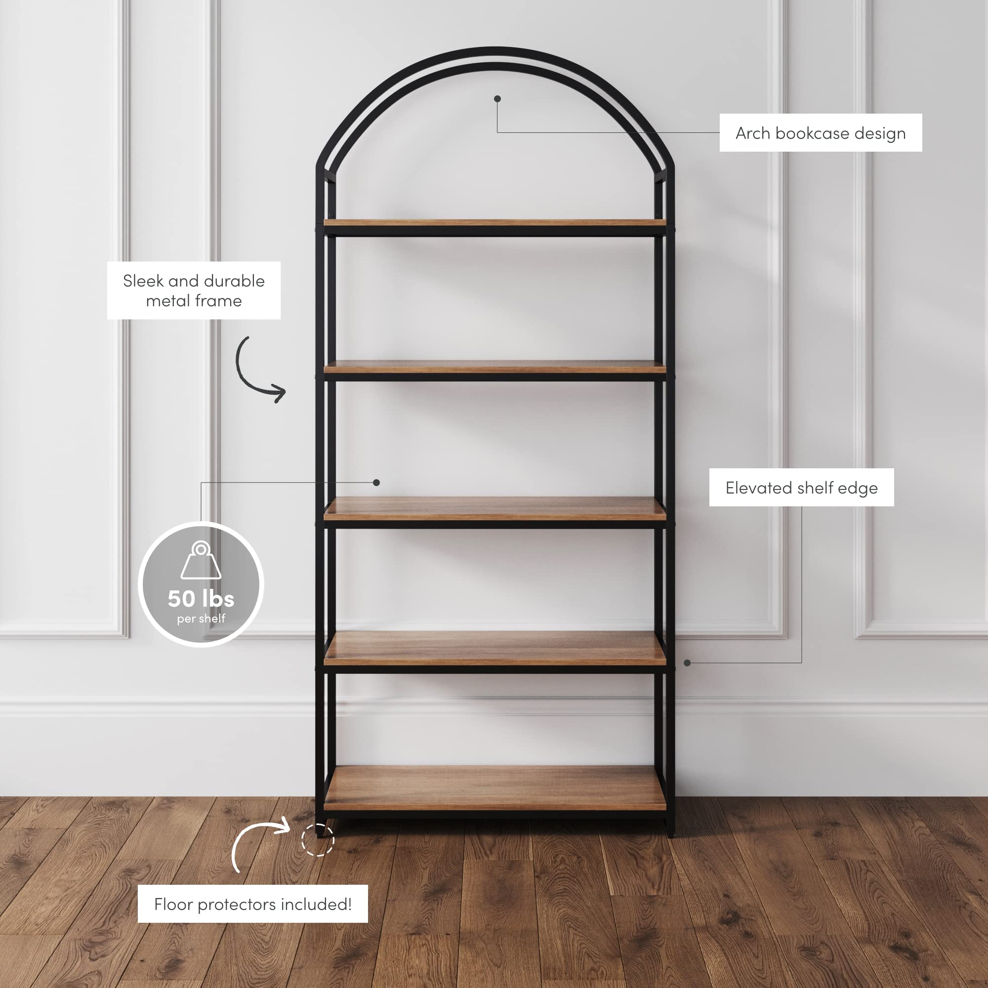 Nathan James Haven Etagere Bookshelf, 5-Shelf Bookcase in Oak Wood and Black Metal Frame with Arch Top and Open Shelves, Oak/Black