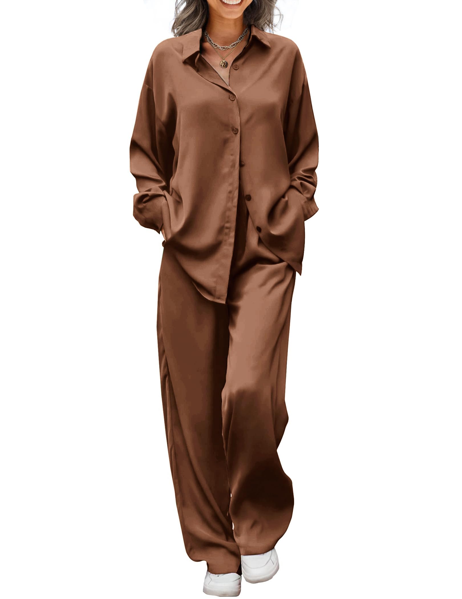 Ekouaer Womens 2 Piece Silk Satin Pajama Set Long Sleeve Lounge Sets Button Down Shirts and Pants PJs Soft Sleepwear Sets Clay L