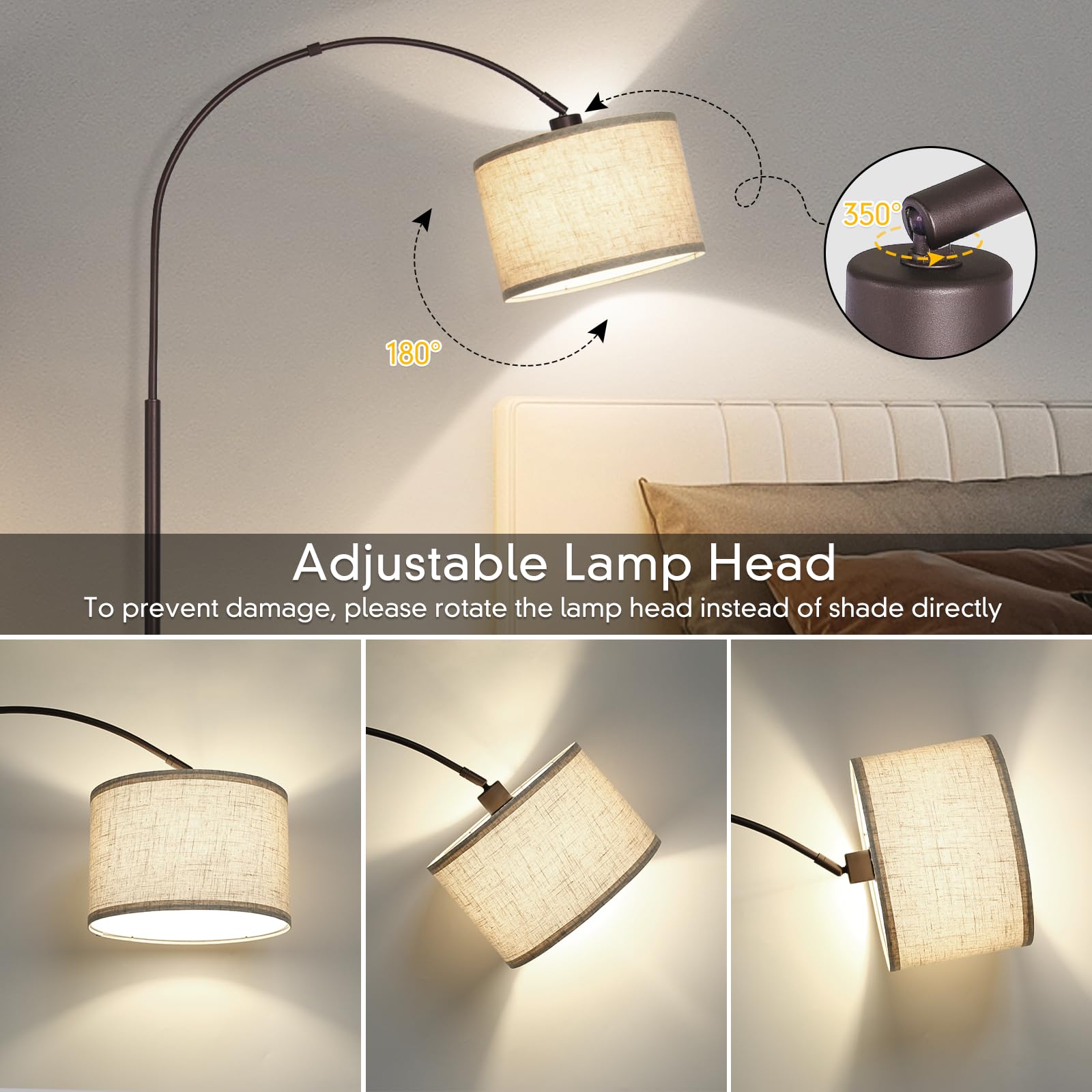 Floor Lamp for Living Room, Arc Floor Lamp with Adjustable Head, Modern Arched Floor Lamp with On/Off Pedal Switch, Over Couch Tall Standing Hanging Light for Reading, Bedroom, Office (Brown)