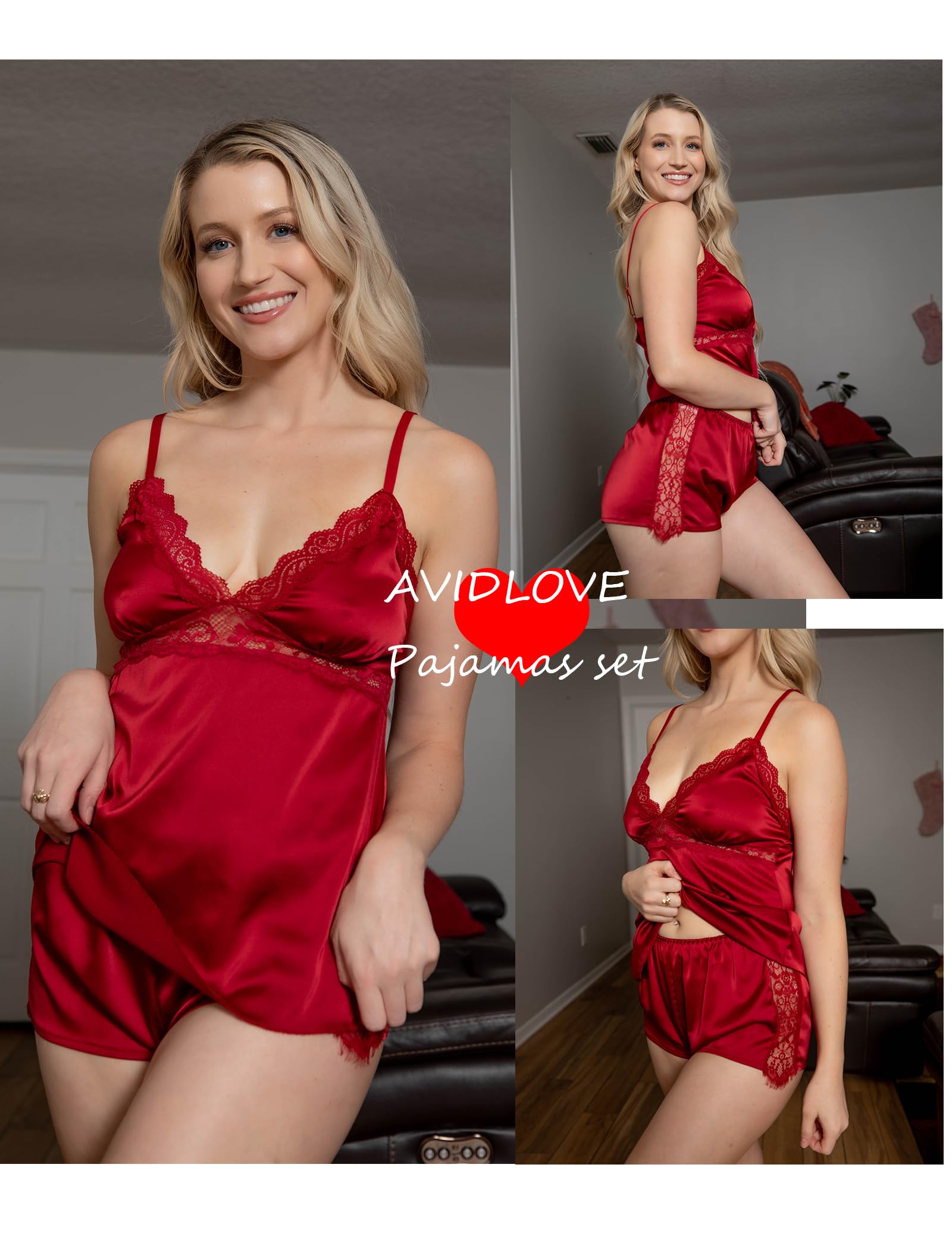 Avidlove Womens Pajama Sets Satin Sleepwear Silk Lace Lingerie Cami Shorts Set A Wine Red