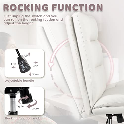 LEMBERI PU-Padded Armless Office Desk Chair No Wheels,High-Back Wide Seat Home Chair,120° Rocking Cross Legged Computer Task Chairs,Modern Adjustable Swivel Vanity Chairs (White)