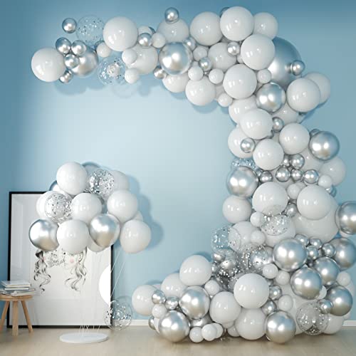103pcs White and Silver Balloons Garland Arch Kit 5” 10 Inch 12” White Silver Metallic Confetti Latex Balloons Arch Set for Winter Wonderland Birthday Baby Shower Wedding Party New Year's Day Decor