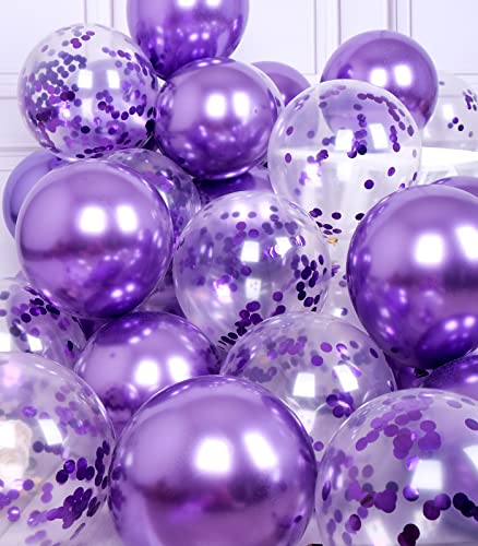 SUWEN Purple Metallic Balloons and Confetti Balloons Set 47PCS Latex Helium Chrome Dark Purple Balloon for Birthday Anniversary Party Decorations