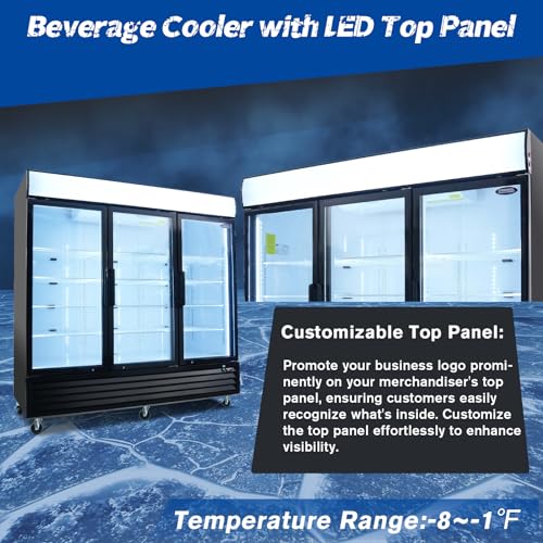 Durable Commercial Freezer with Triple Glass Door, 70 cu. ft. Large Capacity Freezer for Restaurant, Minimart, Bakery, Coffee Shop, 81" W x 34" L x 83" H