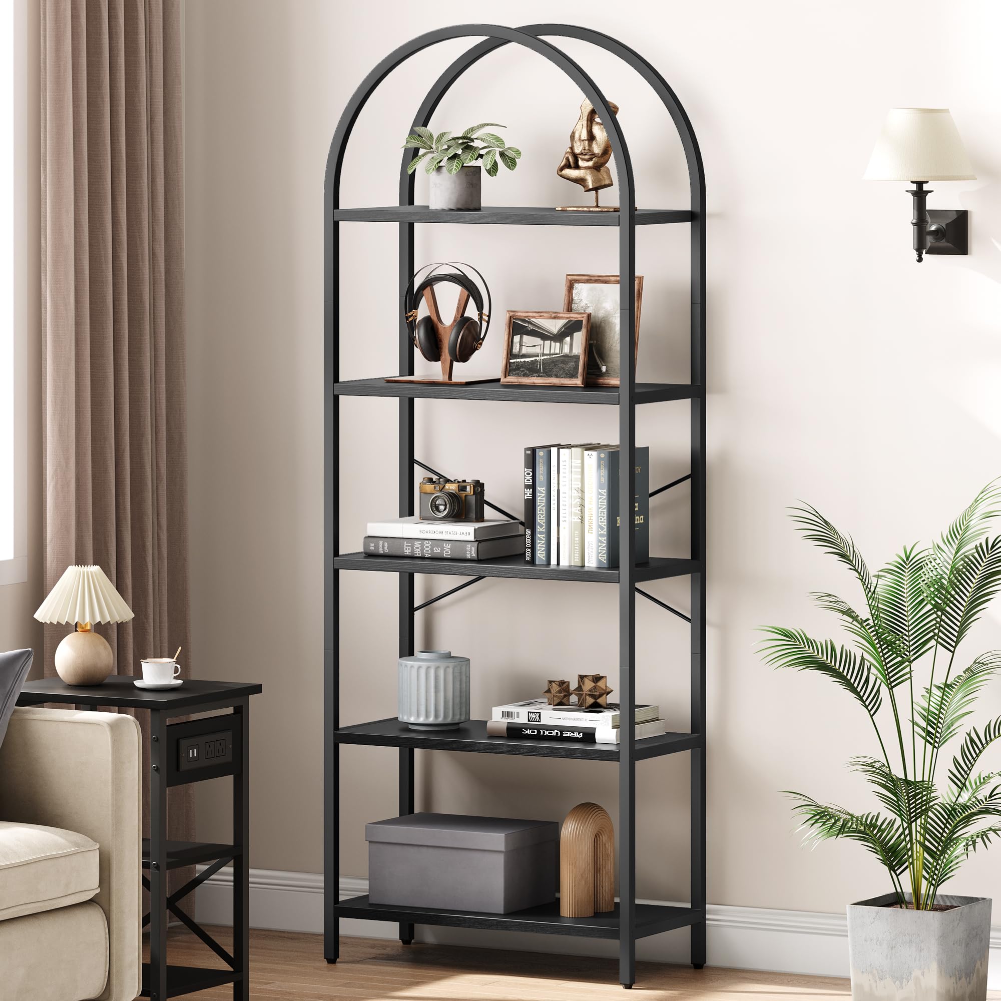 GAOMON Arched Bookshelf 5 Tier Bookcase 70.87in Tall Display Racks Modern Standing Bookshelves Metal Book Shelf for Bedroom, Living Room, Home Office