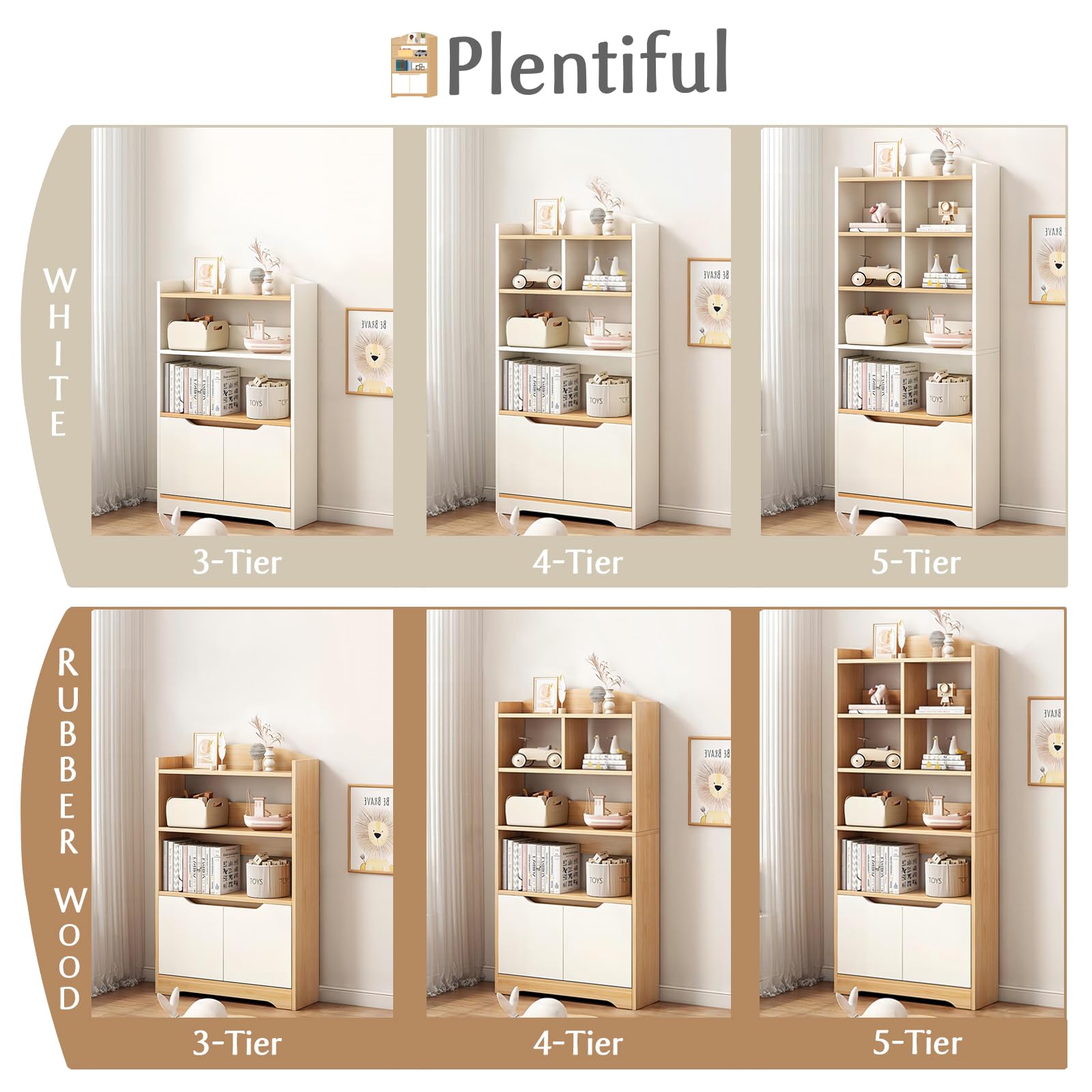 IOTXY Wooden Shelf Bookcase with Doors - 5-Tier Bookshelf with Storage Cabinet, Free Standing Display Rack, for Home Office, Living Room, Bedroom, White