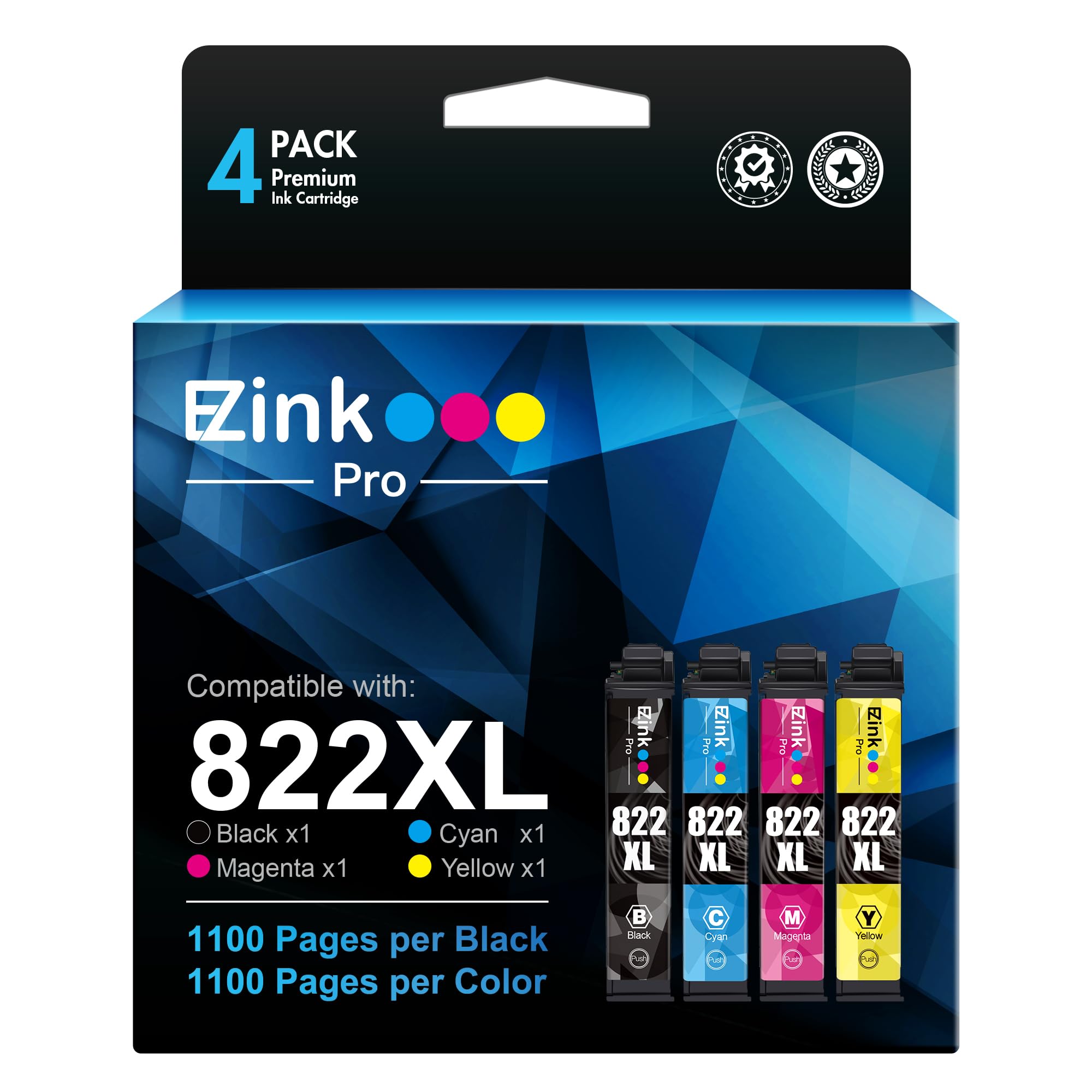 E-Z Ink Pro 822XL Remanufactured Ink Cartridgee Replacement for Epson 822 XL 822XL T822 High Yield to use with EPSON Workforce Pro WF-3820 WF-4820 WF-4830 (4 Pack,1 Black, 1 Cyan, 1 Magenta, 1 Yellow)