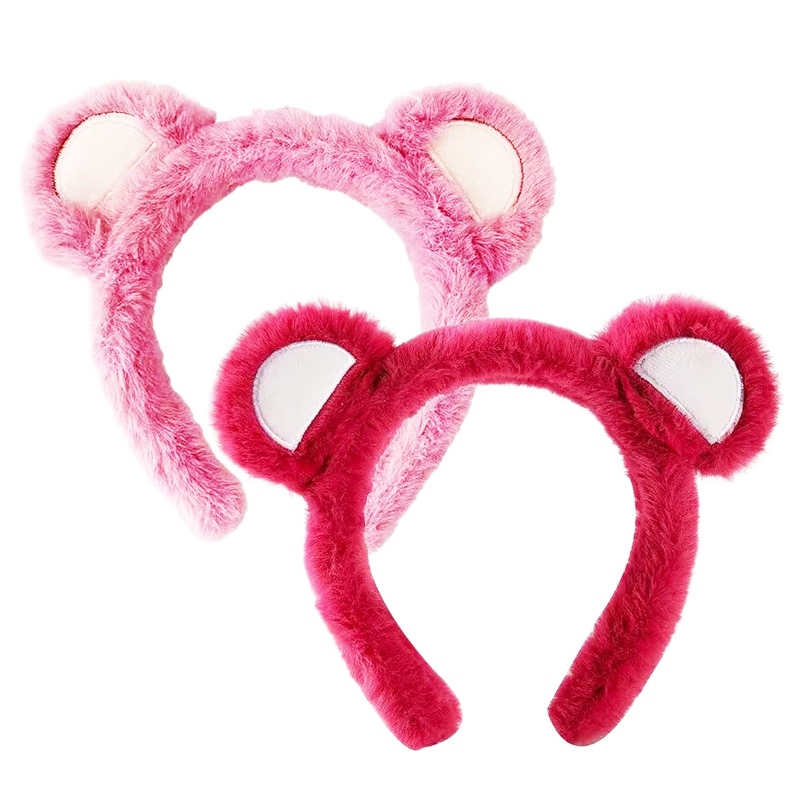 CheeseandU 2Pcs Pink Bear Ears Headband Hot Pink Plush Hair Hoop Cute Fashion Fluffy Soft Plush Bear Ear Headwears for Women Girls Makeup Headband Face Washing Headband Valentines Day Gift