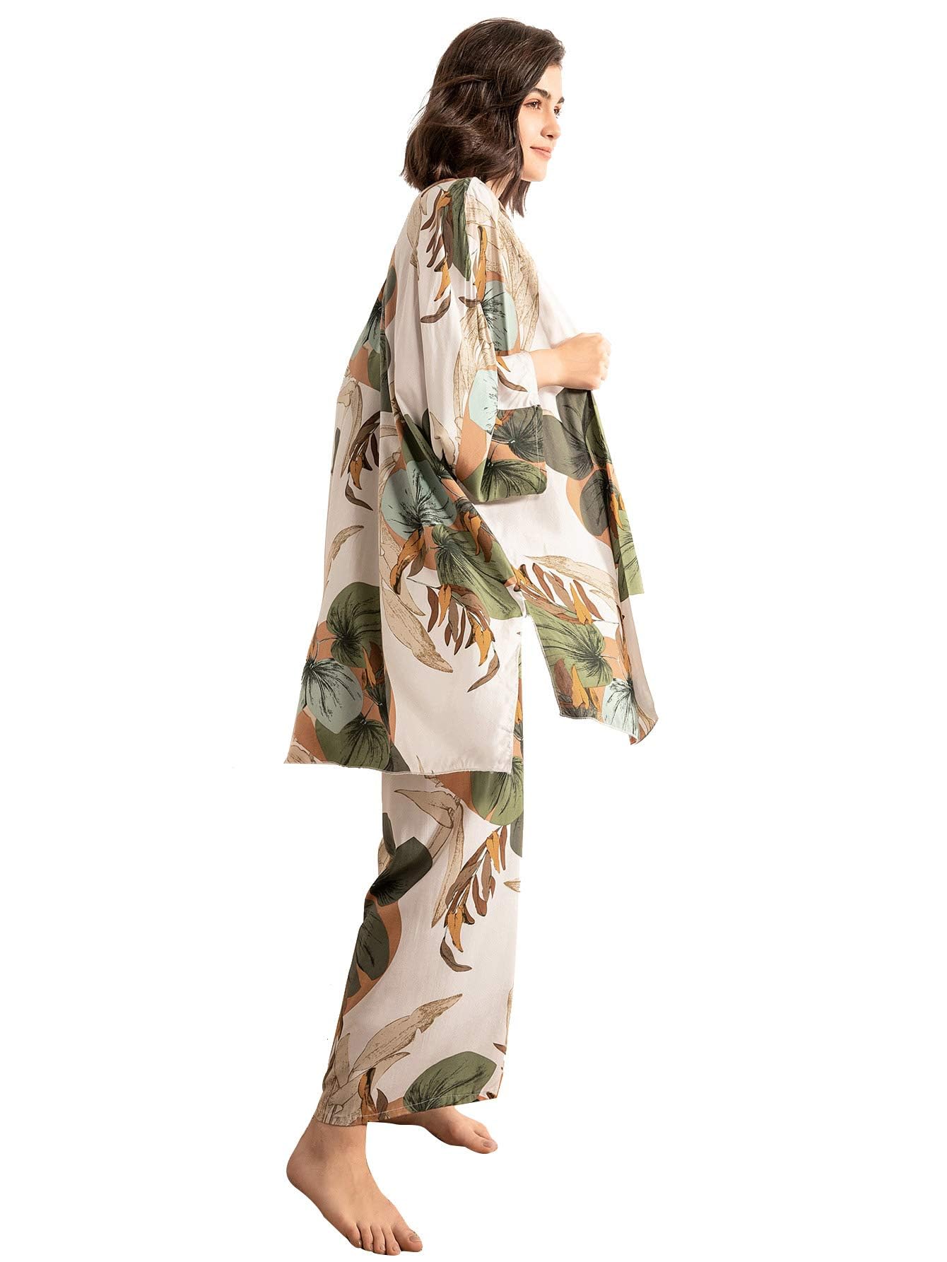 WDIRARA Women's 3 pcs Sleepwear Leaf Print Cami and Pants Pajama Set with Robe Multicolor S
