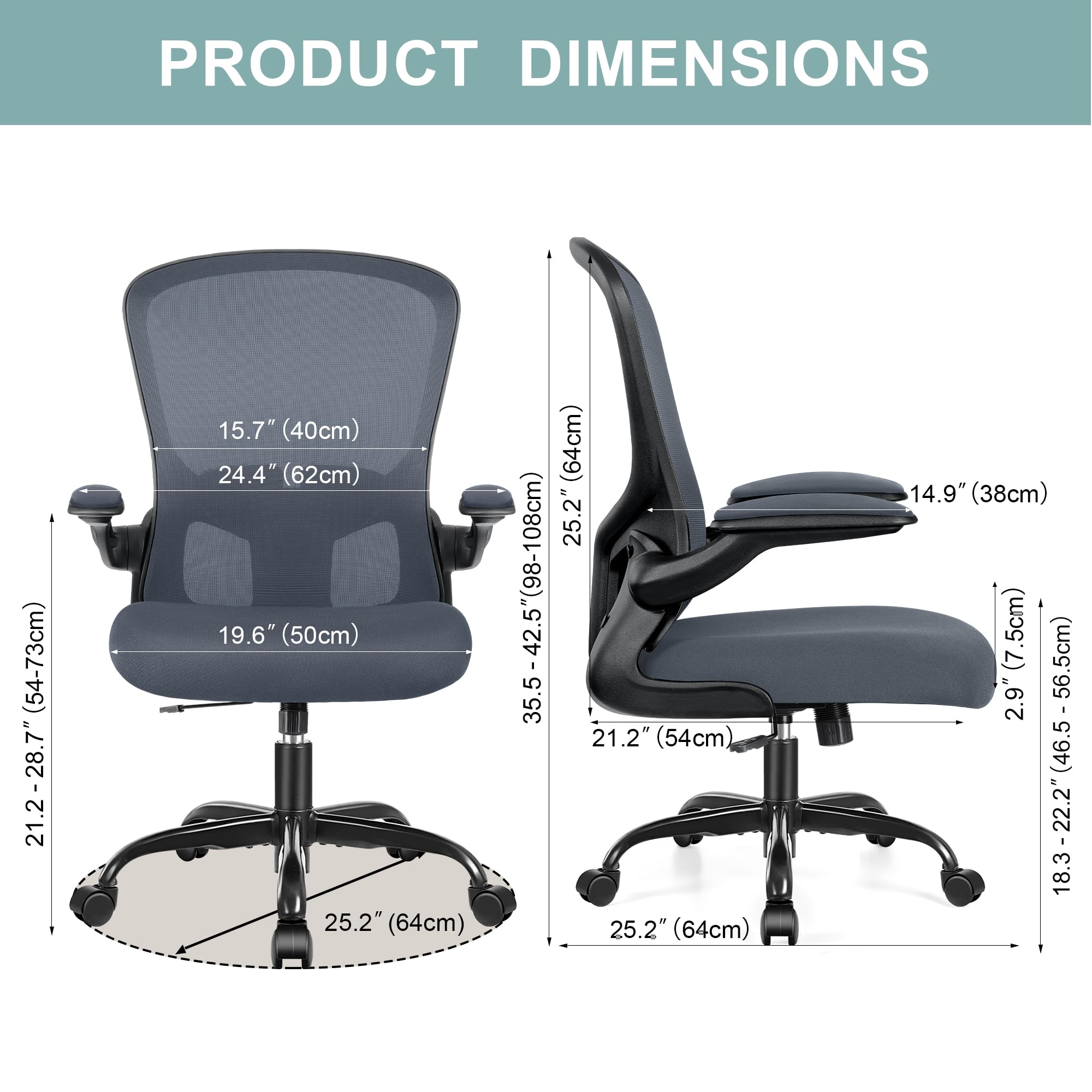 Brick Attic Ergonomic Office Chair, Lumbar Support Desk Chair with Flip-up Armrest and Breathable Mesh, Height Adjustable Swivel Office Chair Darkgray