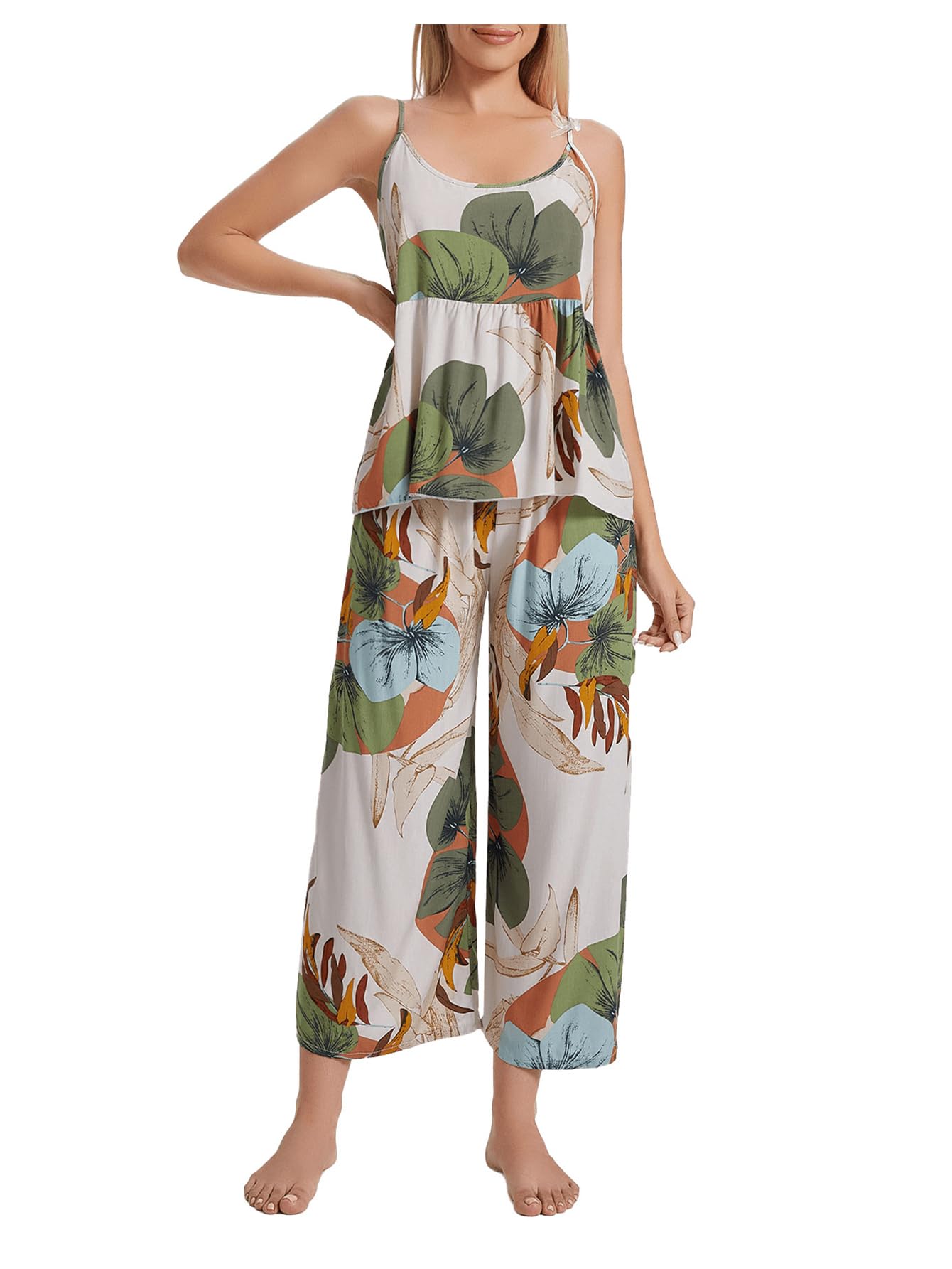 WDIRARA Women's 3 pcs Sleepwear Leaf Print Cami and Pants Pajama Set with Robe Multicolor S
