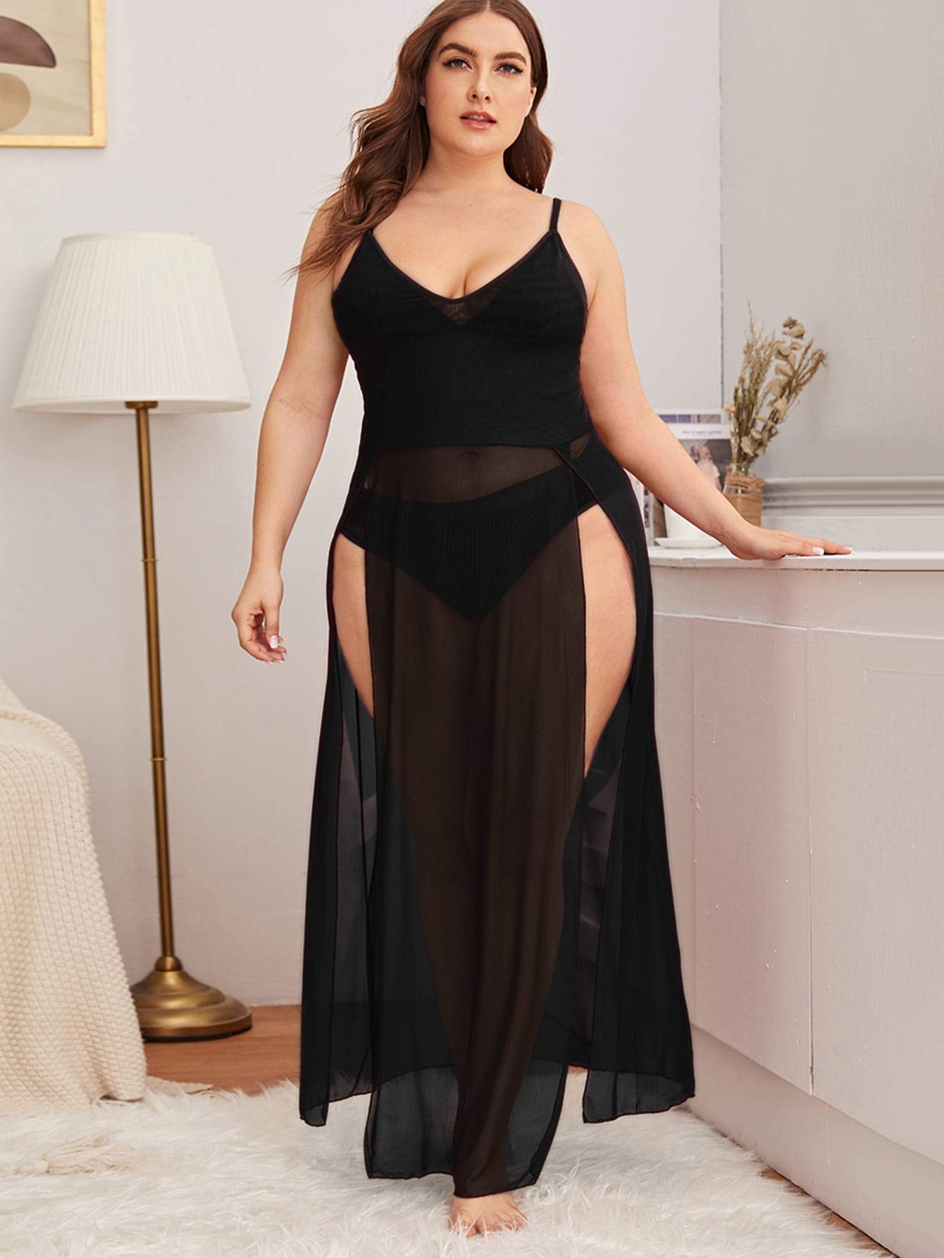 SOLY HUX Women's Plus Size Split Long Mesh Lingerie Dress Babydoll Chemise Black 2XL