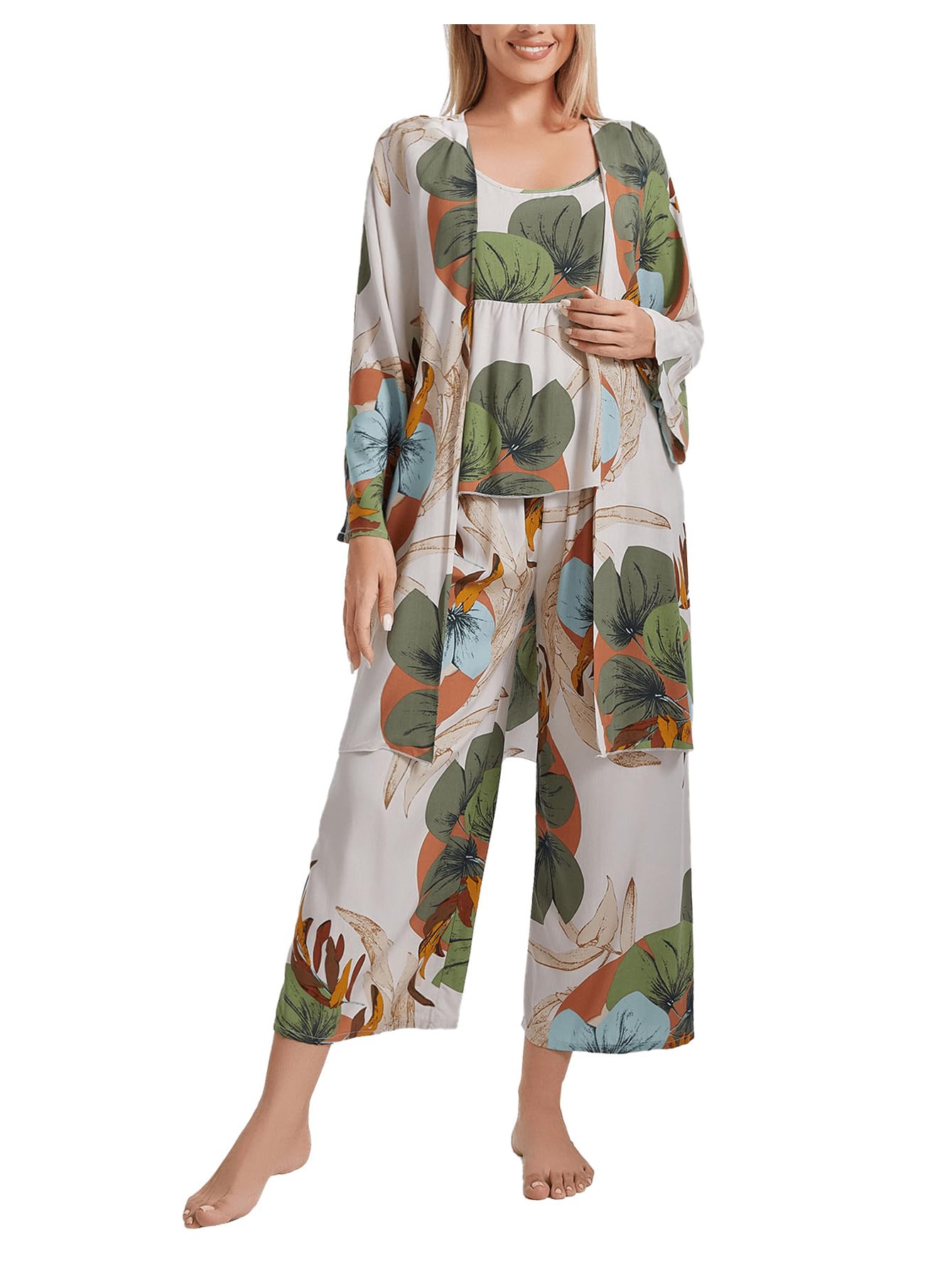WDIRARA Women's 3 pcs Sleepwear Leaf Print Cami and Pants Pajama Set with Robe Multicolor S