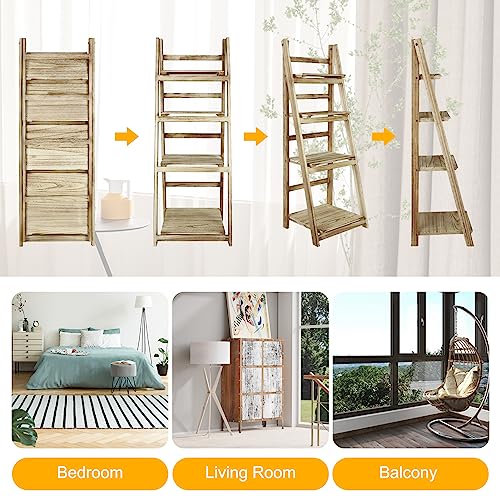 Babion Wood Ladder Shelf, 4-Tier Foldable Plant Shelf, Rustic Brown Indoor Plant Stand, Storage Rack Plant Stand for Home, Bedroom, Bathroom, Office, Industrial Style, Wooden Frame