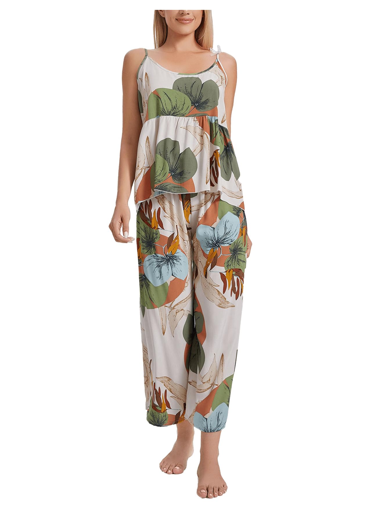 WDIRARA Women's 3 pcs Sleepwear Leaf Print Cami and Pants Pajama Set with Robe Multicolor S