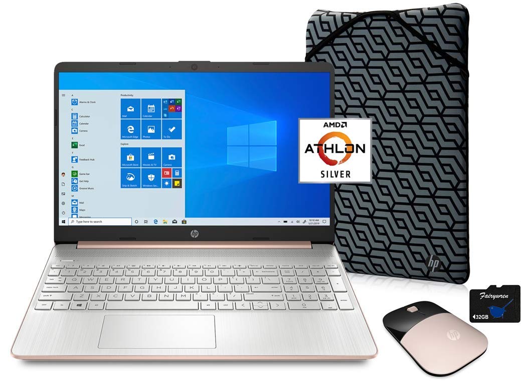 HP 2021 15.6" HD Laptop Computer, AMD Athlon Silver N3050U, 4GB RAM, 128GB SSD, HDMI, USB-C, WiFi, Webcam, Windows 10 S with Office 365 for 1 Year, Mouse, Sleeve + Fairywren Card (Rose Gold) (Renewed)