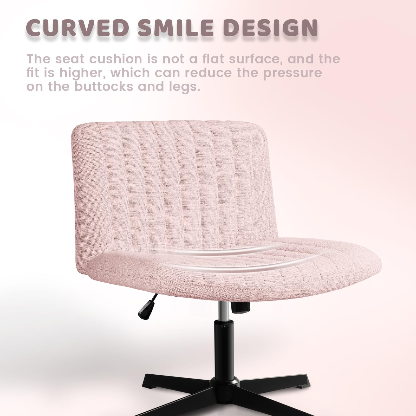 LEMBERI Fabric Padded Desk Chair No Wheels, Armless Wide Swivel Home Office Desk Chair,120° Rocking Mid Back Ergonomic Computer Task Vanity Chair for Office, Home, Make Up,Small Space (Pink)