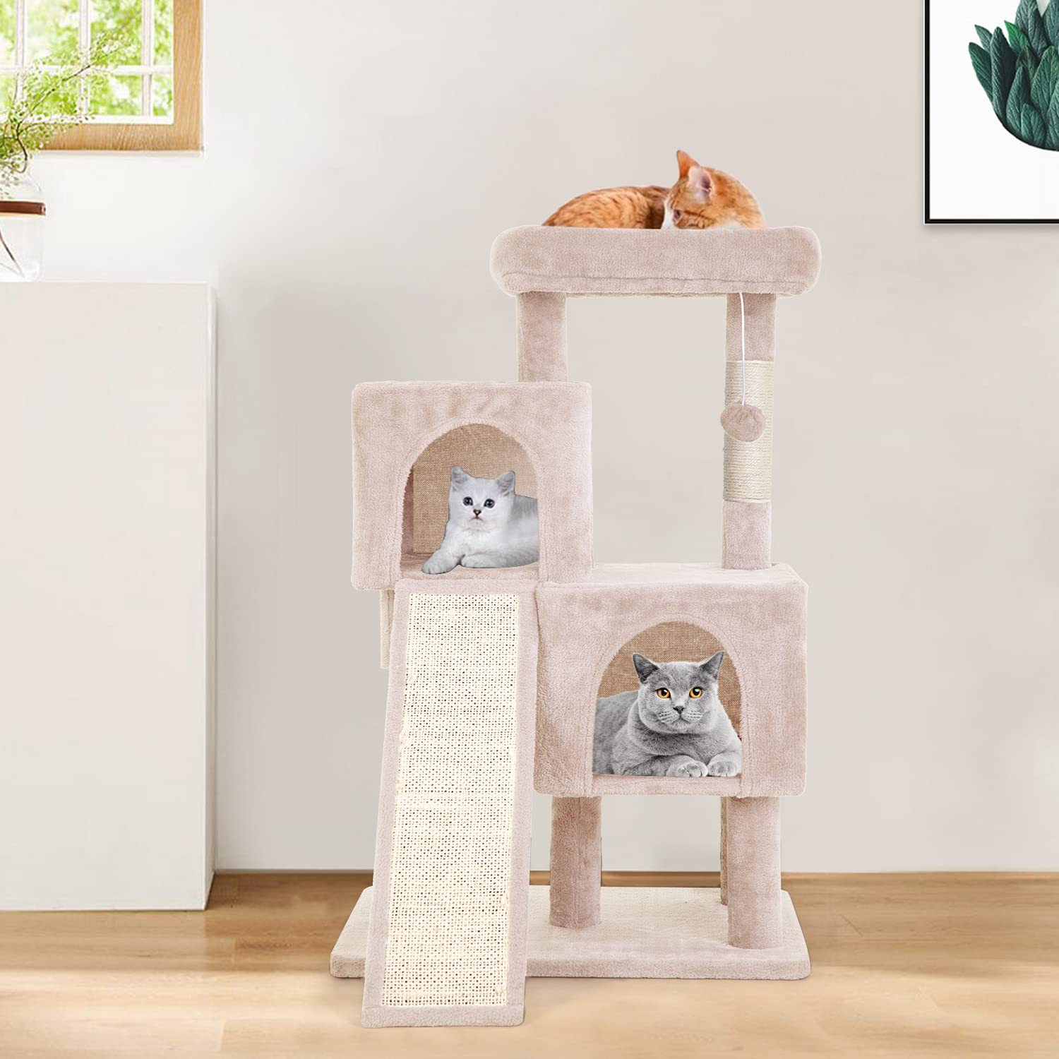 BestPet 36 inches Cat Tree for Indoor Cats Cat Tower with Scratching Posts Multi-Level Cat Furniture Condo with Ramp, Perch Spacious Cat Cave & Funny Toys for Kittens House,Beige