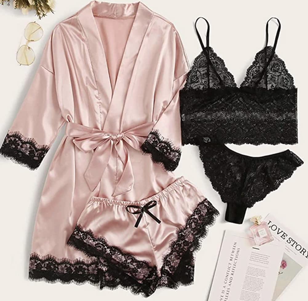 Women's Sleepwear Pajamas 4 Piece Pajama Set Long Sleeve Satin Floral Lace Cami Top Lingerie Pajama Set with Robe (Pink, Medium)