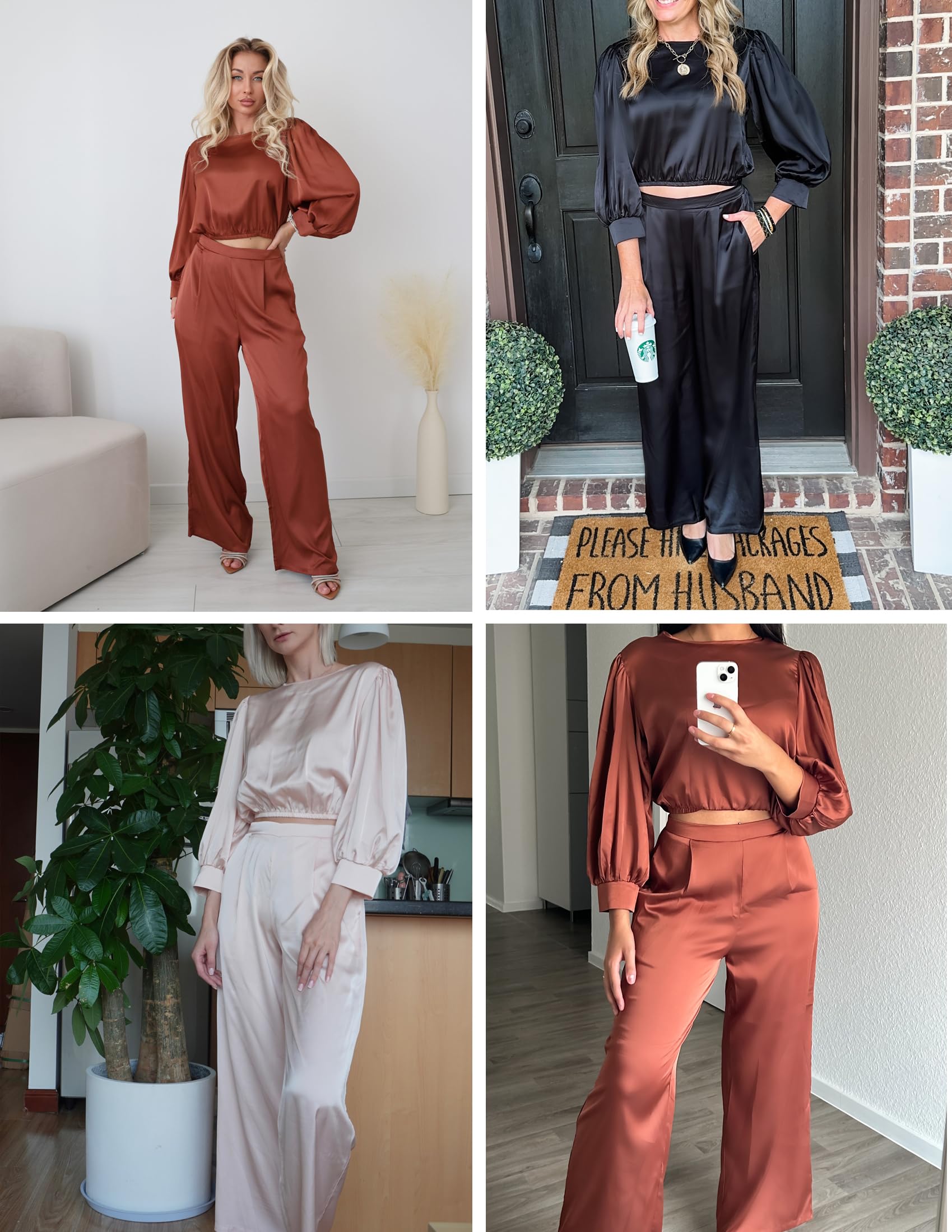 Ekouaer Womens Silk Pajamas Set Long SLeeve Crop Top Wide Leg Pant Pj Sets Women 2 Piece Outfits Blue,M