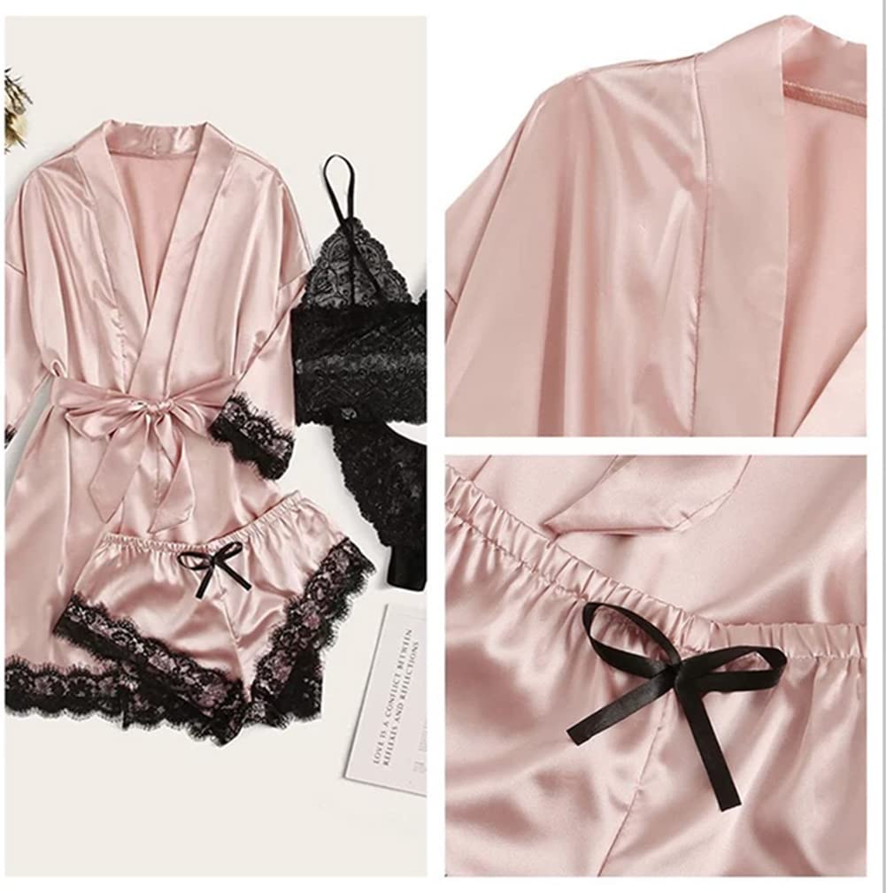 Women's Sleepwear Pajamas 4 Piece Pajama Set Long Sleeve Satin Floral Lace Cami Top Lingerie Pajama Set with Robe (Pink, Medium)