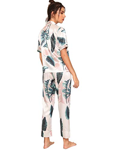 Floerns Women's Printed Two Piece Short Sleeve Sleepwear Long Pants Pajamas Sets A White S
