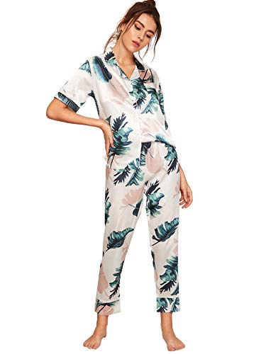 Floerns Women's Printed Two Piece Short Sleeve Sleepwear Long Pants Pajamas Sets A White S