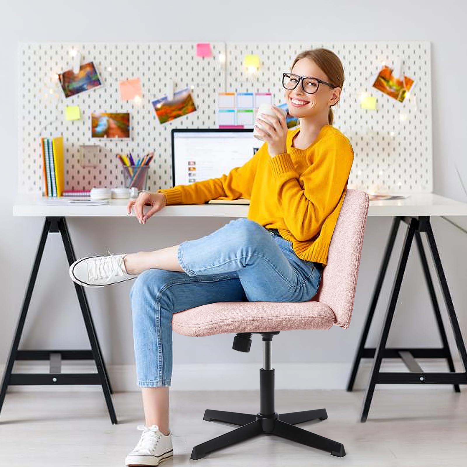 LEMBERI Fabric Padded Desk Chair No Wheels, Armless Wide Swivel Home Office Desk Chair,120° Rocking Mid Back Ergonomic Computer Task Vanity Chair for Office, Home, Make Up,Small Space (Pink)