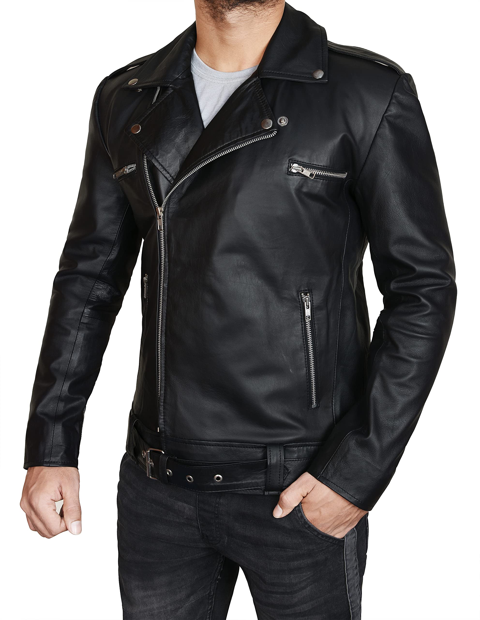 Prime-Fashion Men's Negan Walking S7 Black Brando Jeffrey Dean Morgan Motorcycle Slim Fit Genuine Leather Biker Jacket